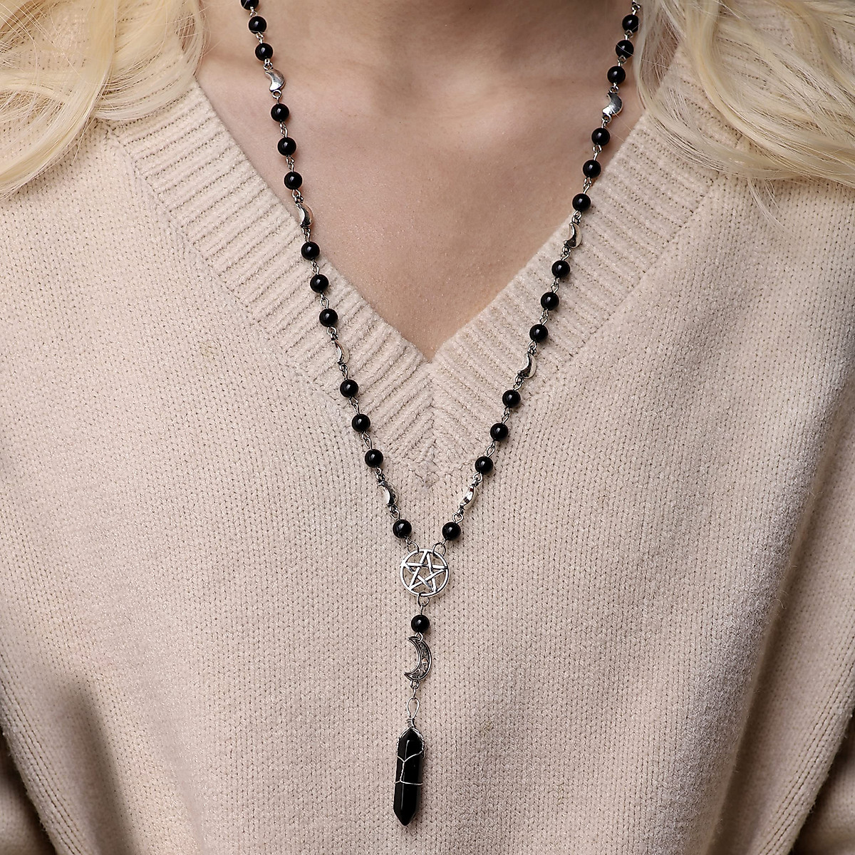 Sacina Gothic Crescent Moon Choker Necklace, Moon Sun Pendant, Goth Gift for Women, Christmas Gift for Women (Bead Moon Pentagram Crystal)