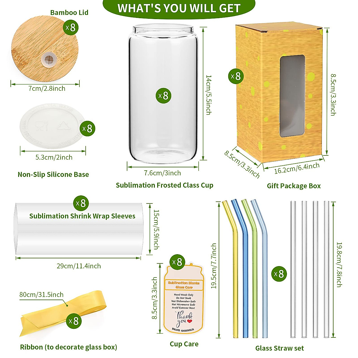 KIDJFGG Sublimation Glass Blanks With Bamboo Lid, 8pack 16OZ Clear Sublimation Beer Can Glass with Glass Straws Gift Box Mason Jar Cups Mug Travel Tumbler for Beer, Juice, Soda, Iced Coffee, Drinks