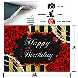 Avezano Red Rose Birthday Backdrop for Girls Woman Party Decorations Red Roses Floral Pearl Black and Gold Stripes Happy Birthday Party Banner Photoshoot Photography Background Party Supplies (7x5ft)