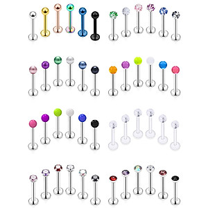 Gadeaila 48pcs 16G Lip Rings Stainless Steel Labret Monroe Lip Rings Nail Cartilage Tragus Helix Earrings Studs Ring Medusa Piercing Jewelry for Women Men 6mm 8mm 10mm