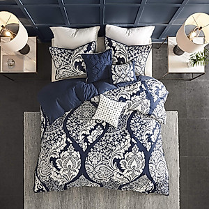 Madison Park Vienna Cotton Poly Blend Duvet Set - Classic Traditional Design, Cozy All Season Comforter Cover, Matching Shams, Decorative Pillows Vienna, King/Cal King(104"x92"), Indigo 6 Piece