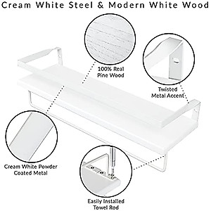 Peter's Goods Modern Floating Shelves with Rail - Wall Mounted Bathroom Wall Shelves with Towel Bar - Also Perfect for Bedroom Decor and Kitchen Storage - Solid Pine Wood Shelf Set of 2 (White)