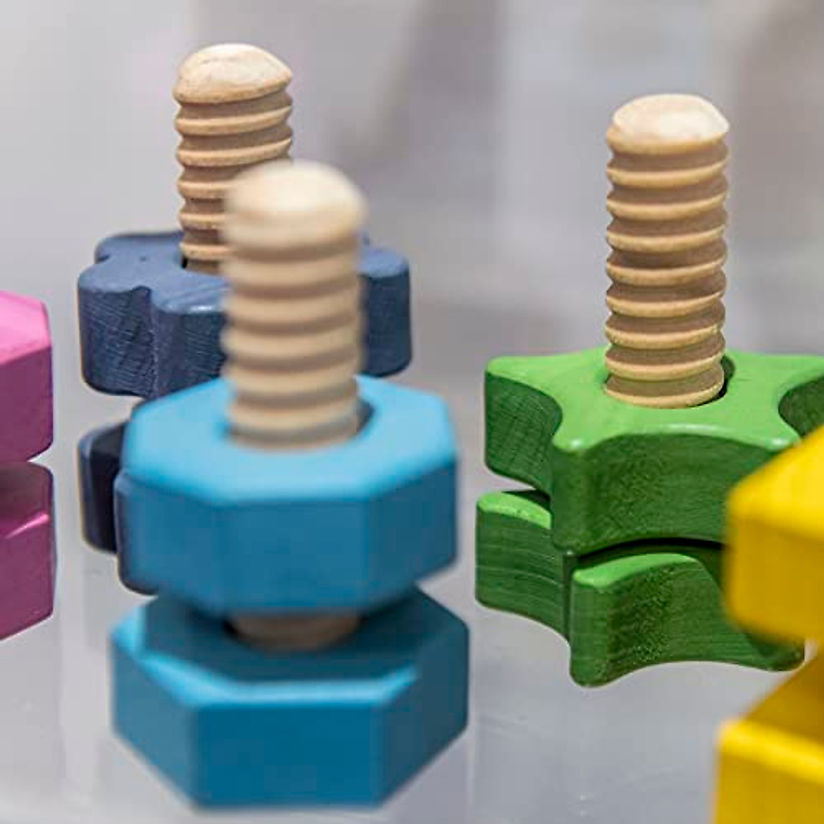 TickiT-74001 Rainbow Wooden Nuts & Bolts - Set of 14 - 7 Nuts and 7 Bolts in Matching Shapes & Colors - For Ages 12m+ - Loose Parts Wooden Toys for Toddlers and Preschoolers