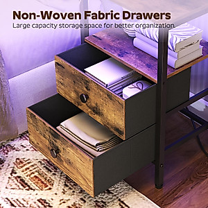 YATINEY Nightstands with Charging Station, Night Stand with LED Lights, Side Table with 2 Non-Woven Drawers, End Table Bedroom, Bedside Tables for Bedroom, Rustic Brown and Black ET12BR