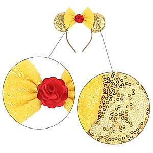 zhezesmila Beauty Mouse Ear Headband, Classic Mouse Ear Clips, Belle Rose Bow Scrunchies for Women, Girls, Princess Dress Accessories, Party, Cosplay