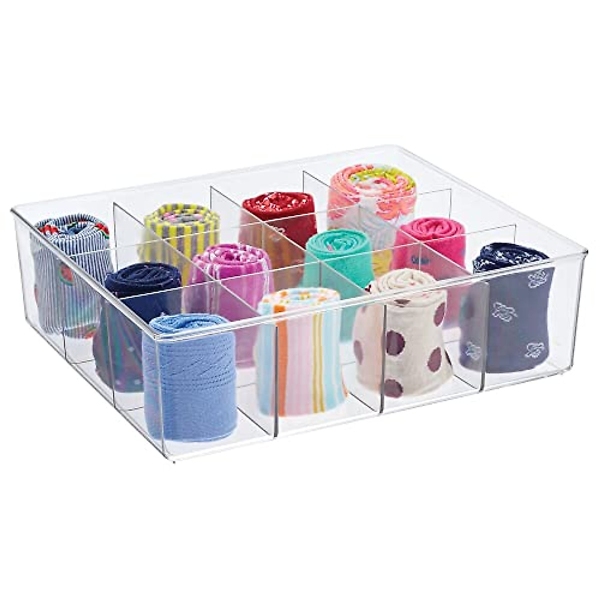 mDesign Plastic 12 Compartment Divided Drawer and Closet Storage Bin - Organizer for Scarves, Socks, Ties Bras, and Underwear - Dress Drawer, Shelf Organizer - Lumiere Collection - 8 Pack - Clear