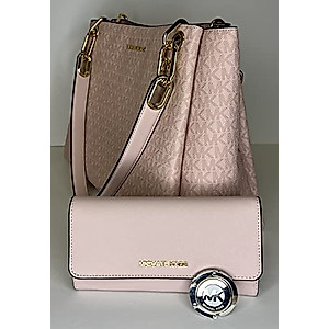 MICHAEL Michael Kors Trisha Large Triple Gusset Shoulder Tote bundled with Large Trifold Wallet and Michael Kors Purse Hook (Signature MK DK Powder Blush)