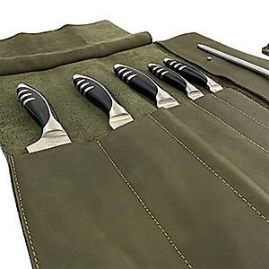 Hide & Drink, Rustic Full Grain Leather Knife Roll Case (5 pockets), Compact Carry-On Bag for Traveling Chefs & Cooks, Kitchen Tool Storage Organizer, Handmade, Dark Jade