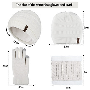 Women Beanie Hat Gloves and Scarf Set Winter Warm Knit Cap Thick Fleece Lined Neck Warmer White Snow Ski Cold Weather, Gorras Gorros Guantes Bufandas de Invierno para Mujer, Gift for Mom