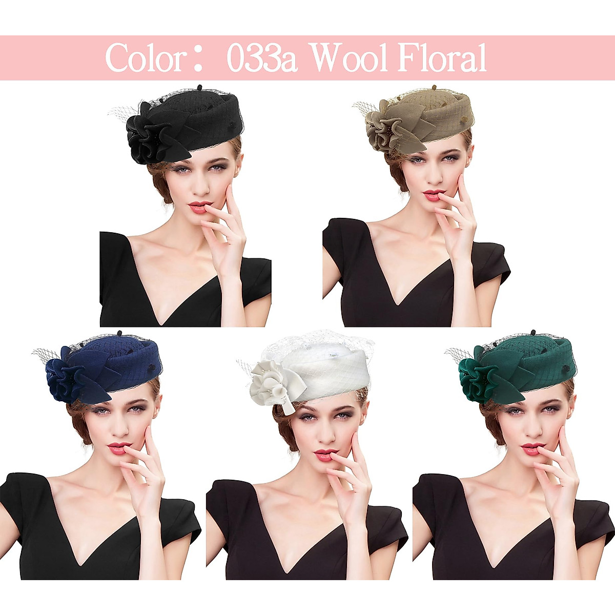 Z&X Wool Felt Veil Fascinator Pillbox Hats for Women Winter Tea Party Church Derby Hat Flower Beret Fedoras Black, One Size