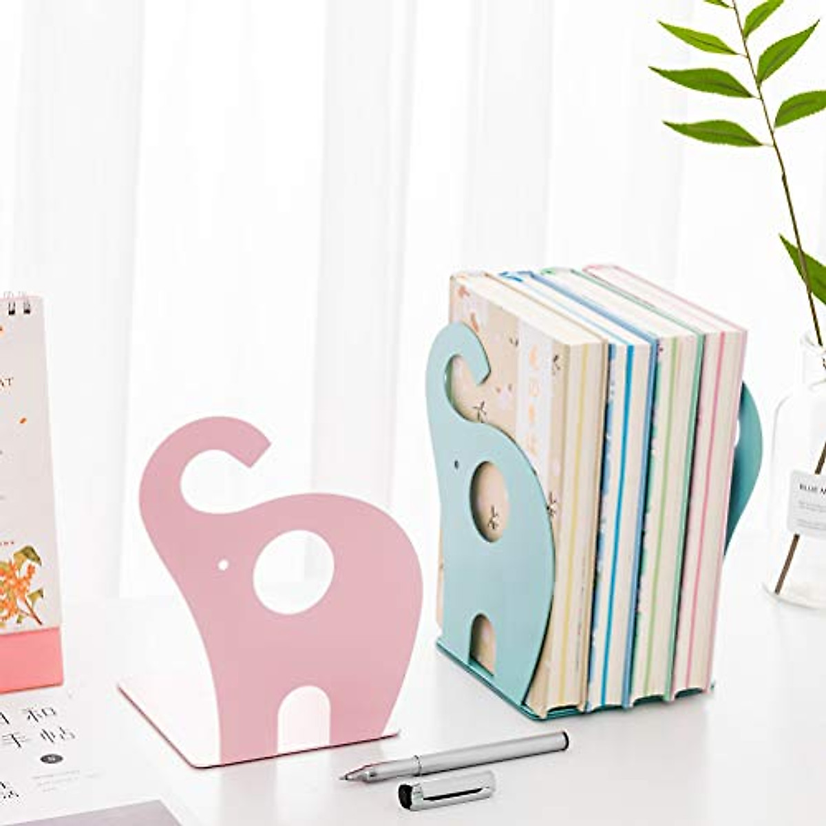 BESPORTBLE 2Pcs Kids Nonskid Bookends Heavy Duty Bookends Elephant Shaped Decorative Book Stopper Book Organizer for Shelves (Pink)