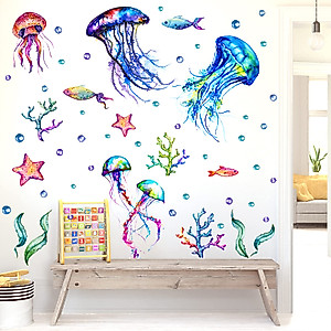 Ocean Jellyfish Wall Decal, Under The Sea Fish Jellyfish Wall Stickers, Vivid Seaweed Starfish Bubble Vinyl Decor, Removable DIY Art Wall Decors Mural for Kids Bedroom, Baby Nursery, Bathroom