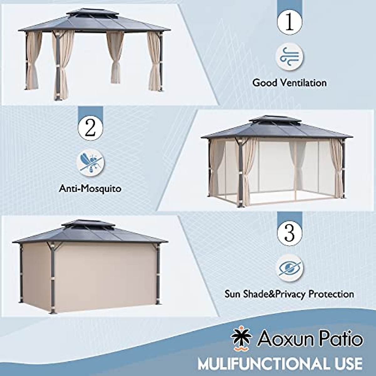 Aoxun 10'x13' Hardtop Gazebo, Outdoor Polycarbonate Double Roof Gazebo with Aluminum Frame Permanent Pavilion and Curtains & Netting for Backyard, Patio, Deck, Parties (Brown)