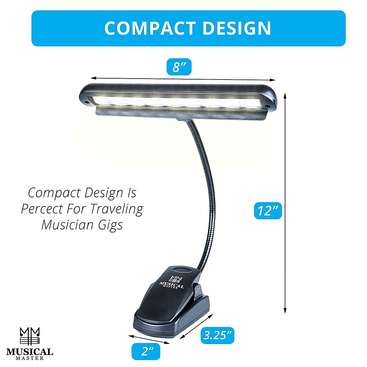 Music Stand Light - Book Light for Reading in Bed – Clip on Portable LED Light - Reading Light - Clamp Light for Violin, Piano, DJ, Desk & More – USB, AA battery operated (Batteries Not Included)
