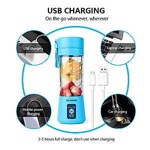 Portable Blender,Zjj-Home Smoothie Blender-Six Blades in 3D, Mini Travel Personal Blender with USB Rechargeable Batteries,Household Fruit Mixer,Detachable Cup,USB Juicer Cup 380ml (FDA BPA free) blue