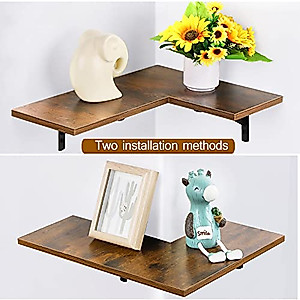 BTY Corner Floating Shelves Set of 4, Wall Mounted Floating Corner Shelf, Rustic Wood Wall Storage Display Shelves for Living Room Bedroom Kitchen,Corner Floating Shelves for Wall