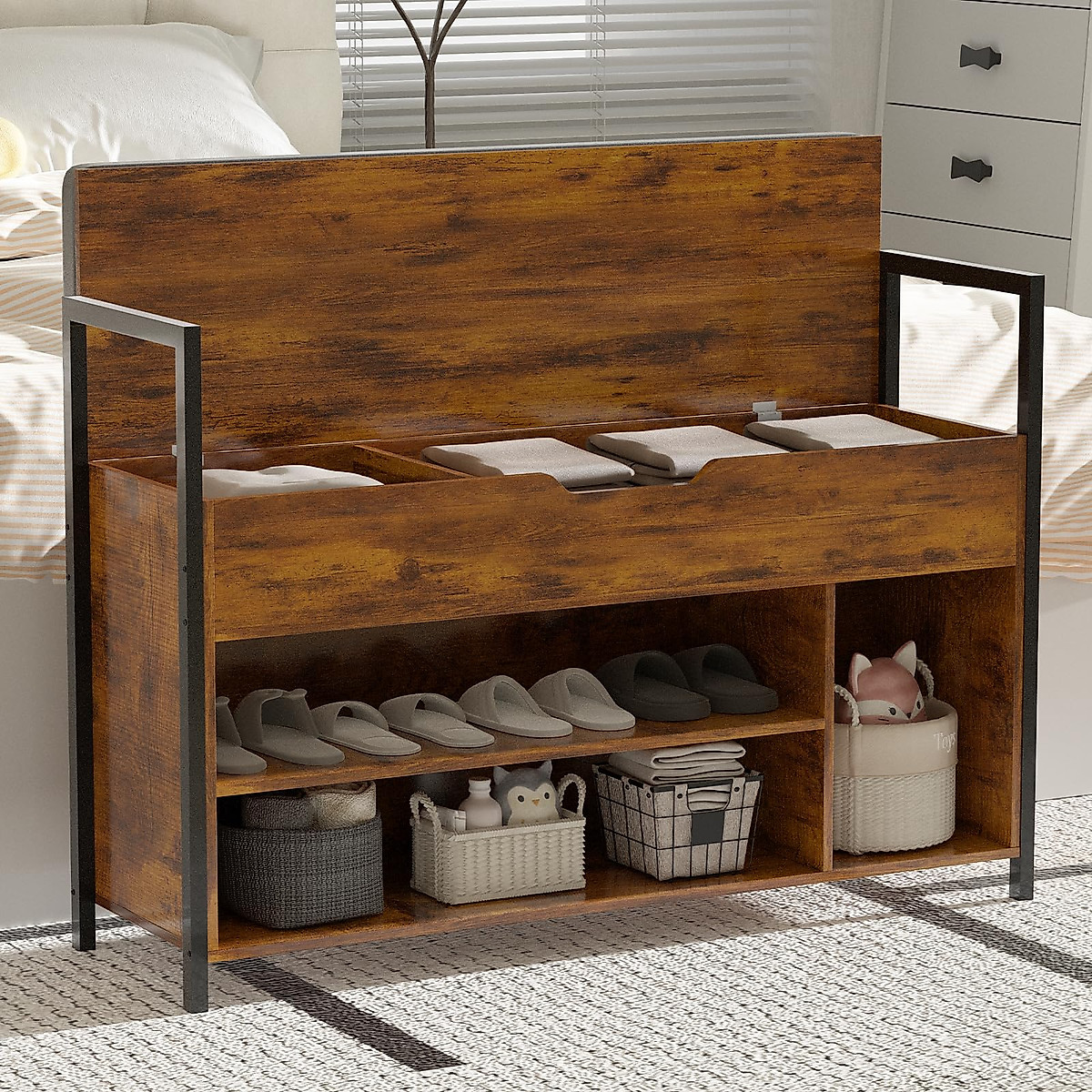 HONIFUR Shoe Storage Bench with Flip Top Space, 2-Tier Cubbies Entryway Bench for Bedroom, Hallway, Industrial, Vintage Brown