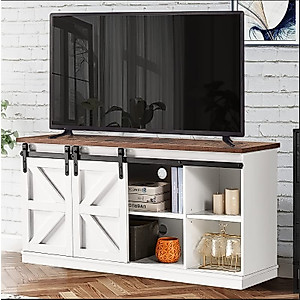 oneinmil Farmhouse TV Stand for 65 Inch TVs, Modern Rustic Entertainment Center with Sliding Barn Door and Storage Cabinets, Metal Media TV Console with Shelf for Living Room, 58 Inch,White