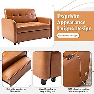 Gynsseh Sleeper Loveseat Pull Out Bed, 3-in-1 Convertible Sleeper Sofa Bed with Dual USB Ports, Faux Leather Adjustable Pull Out Loveseat Sleeper for Living Room Bedroom S2-brown