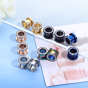 IRONBOX 6Pairs Ear expander Surgical Steel Tunnel Expander Earrings 14G-01G CZ Plugs Body Piercing Jewelry Set