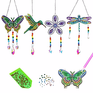 Diamond Painting Suncatchers, 4 pcs Sun catchers Diamond Painting Kits for Kids DIY Crafts for Adults Hummingbird Butterfly Dragonfly Prism Crystal Suncatchers Wind Chime Windows Garden Decorations