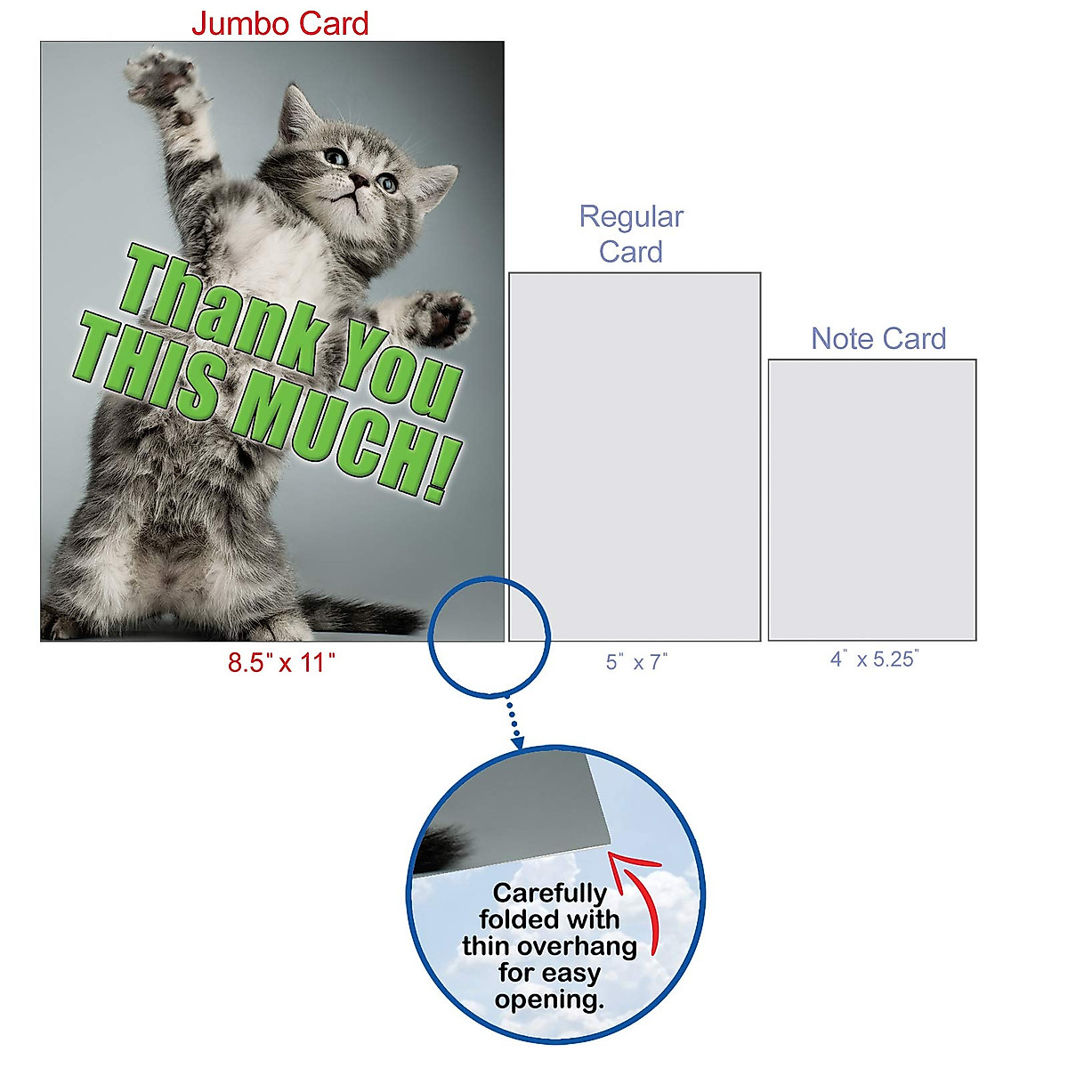 NobleWorks - Jumbo Thank You Card with Envelope (8.5 x 11 Inch), Animal Notecard, Thankful Friend - This Much Kitten J3612