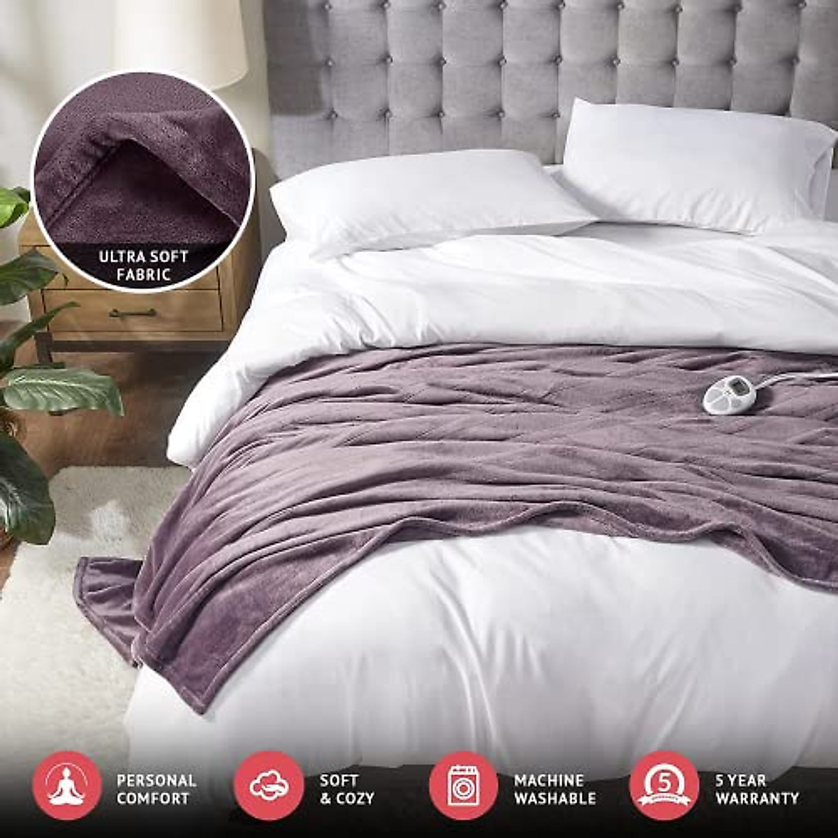 Serta Luxuriously Soft Plush Electric Blanket Fast Heating Cozy Cover, Safety Auto Shut Off Timer, Low EMF, Multi Heat Setting, ETL Certified, Machine Washable, Lavender King (92 in x 100 in)