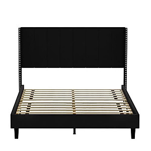 Anwickmak Modern Queen Bed Frame, Velvet Upholstered Wingback Platform Bed Frame Queen Size with Headboard, Low Profile Bed Frame, Sturdy Wooden Slats, Noise-Free, No Box Spring Needed (Black)