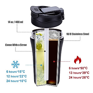 14 oz Travel Coffee Mug, 2 Pack Vacuum Insulated Coffee Travel Mug Spill Proof with Lid and Straw, Stainless Steel Reusable Coffee Tumbler for Hot and Cold Drinks, Gift for Men and Women(Black Grey)