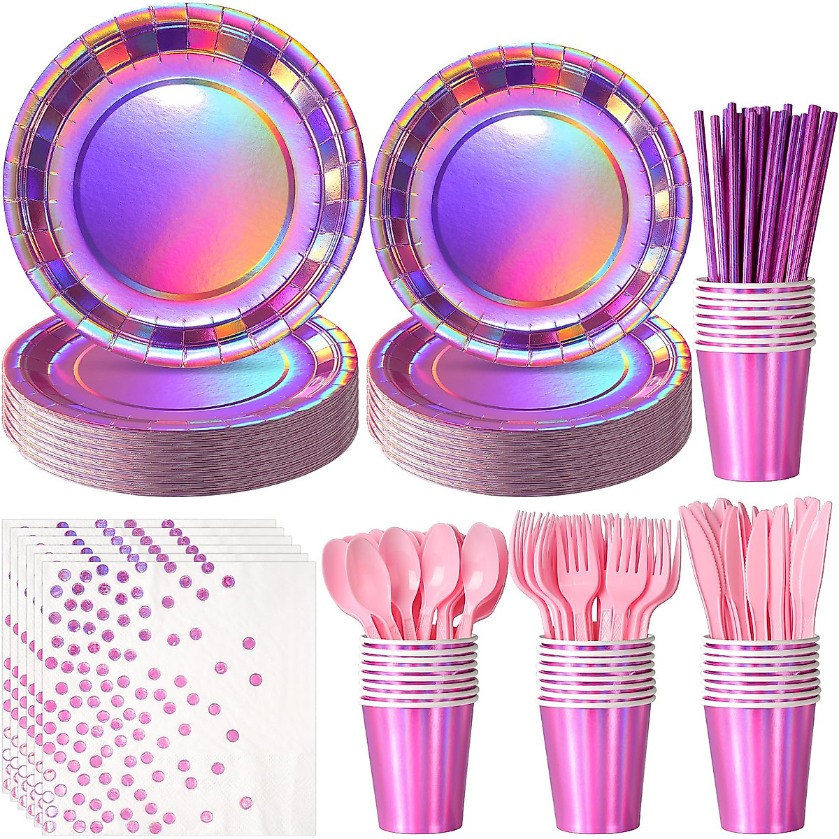 Iridescent Pink Party Supplies Decorations Serve 25, Hot Pink Holographic Paper Plates and Napkins Set, Disposable Pink Paper Plates Cups Knives Spoons Fork for Mermaid Disco Birthday Graduation Party