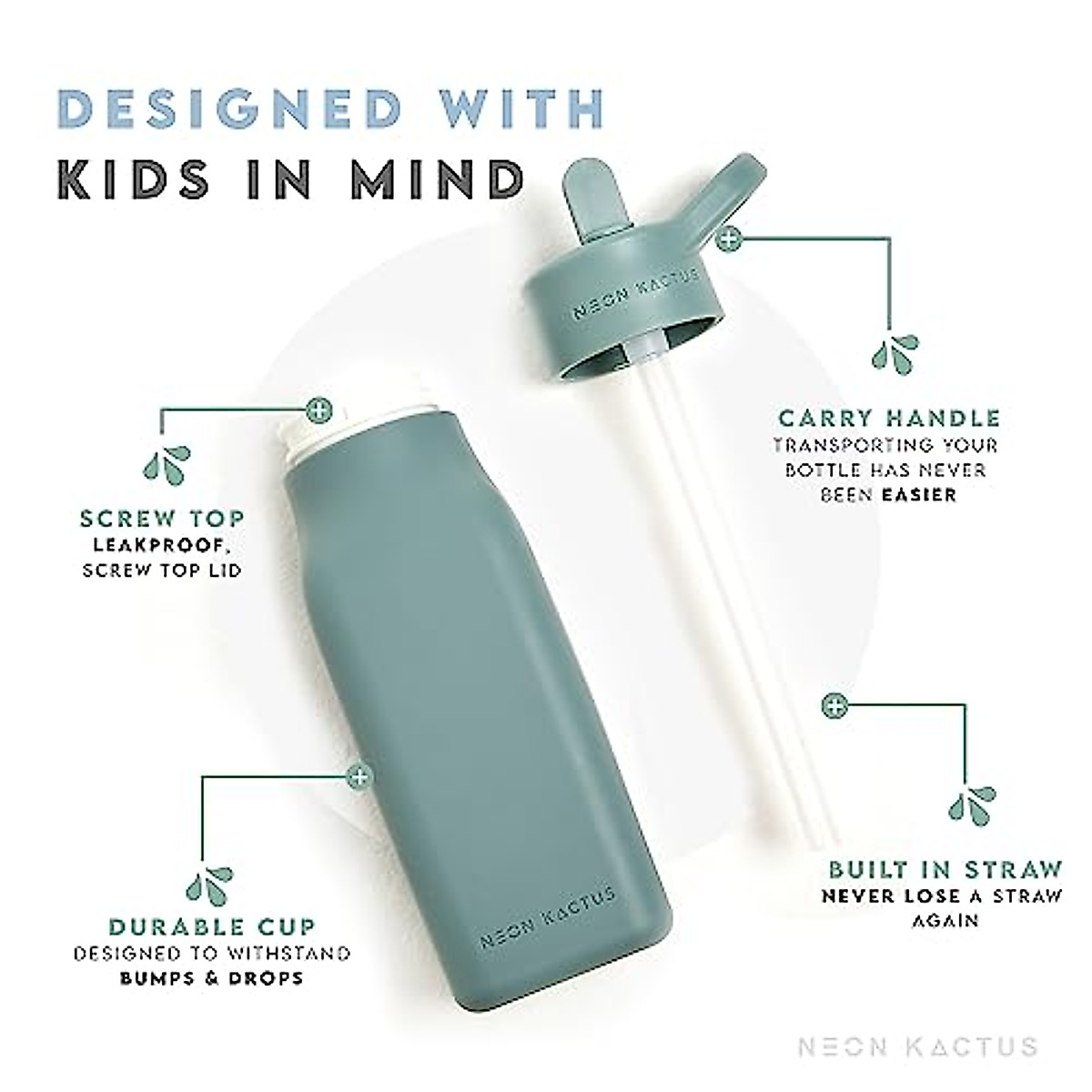 Neon Kactus Silicone Kids Bottle | Kids Water Bottle with Straw and Carry Handle for School, Travel, Sports | Drinking Bottle for Girls and Boys | BPA-Free, Dishwasher-Safe | Happy Camper, 340ml