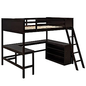 BOVZA Full Size Loft Bed with Desk and Shelves, Wooden Full Loft Bed Frame with Safety Guardrails for Kids Teens Adults, Espresso
