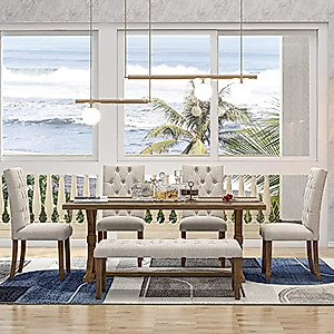 Goohome 6-Piece Farmhouse Kitchen Dining Set, Mid-Century Wood Rectangular Table, 4 Flannelette Upholstered Chairs and Bench Family Furniture, for Home, Apartment, Walnut