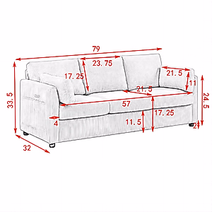 Mofolit Modern Corduroy Couch 79 Inch Length,3 Seater Sofa w/Square arm and Side Pockets for Living Room, Bedroom, Apartment, Office,Workroom,and Compact Space (Navy)
