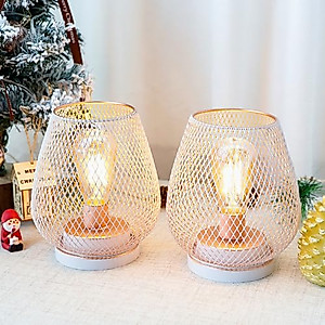 TRIROCKS Set of 2 Medium Battery Powered Outdoor Lantern 6.5'' High Metal Cage Table Lamp with LED Edison Bulb for Home Wedding Parties Patio Event Indoor Outdoor(Pink)