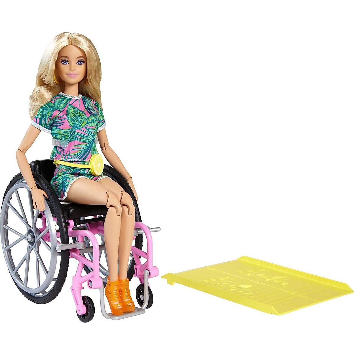 Barbie Fashionistas Doll #165 with Wheelchair & Ramp, Wavy Blonde Hair & Tropical-Print Outfit with Accessories (Amazon Exclusive)