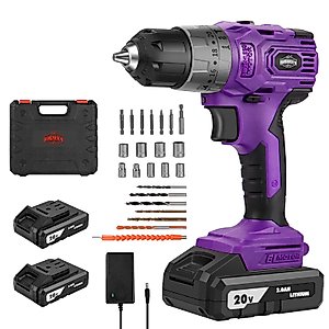 Brushless Cordless Drill Set, 20V Compact Power Drill Driver, Purple Brushless Electric Drill Motor, 20+3 Torque Setting, 48 N.m, 2 Variable Speed, 23pcs Drill/Driver Bits, with Tool Box