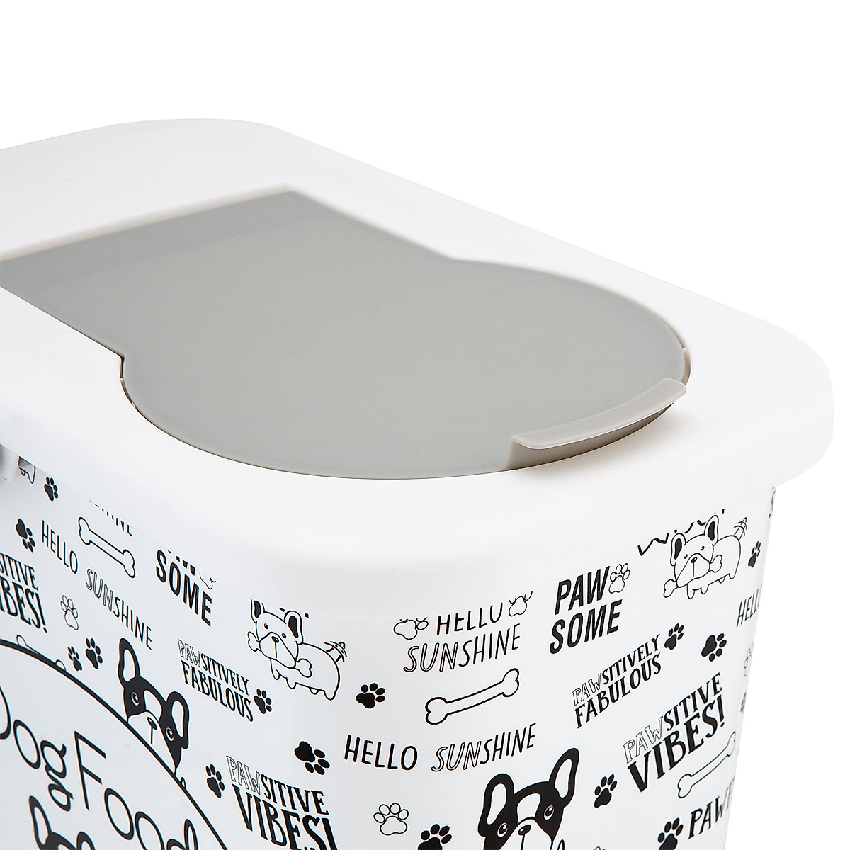 Pounce + Fetch 3 Gallon Pet Dry Food Container with Scooper | Dog Food Organizer | Helps Organize Pantry and Cabinets | Dog & Puppy Print Design | Carrying Handle | Flip Top Lid,White