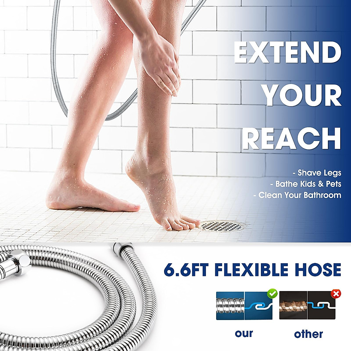 YASINU Handheld Shower Head with Extra Long Hose, 8 Setting Square Detachable Hand Held Spray with Upgrade Button & On Off Switch, 79" Hose - Chrome