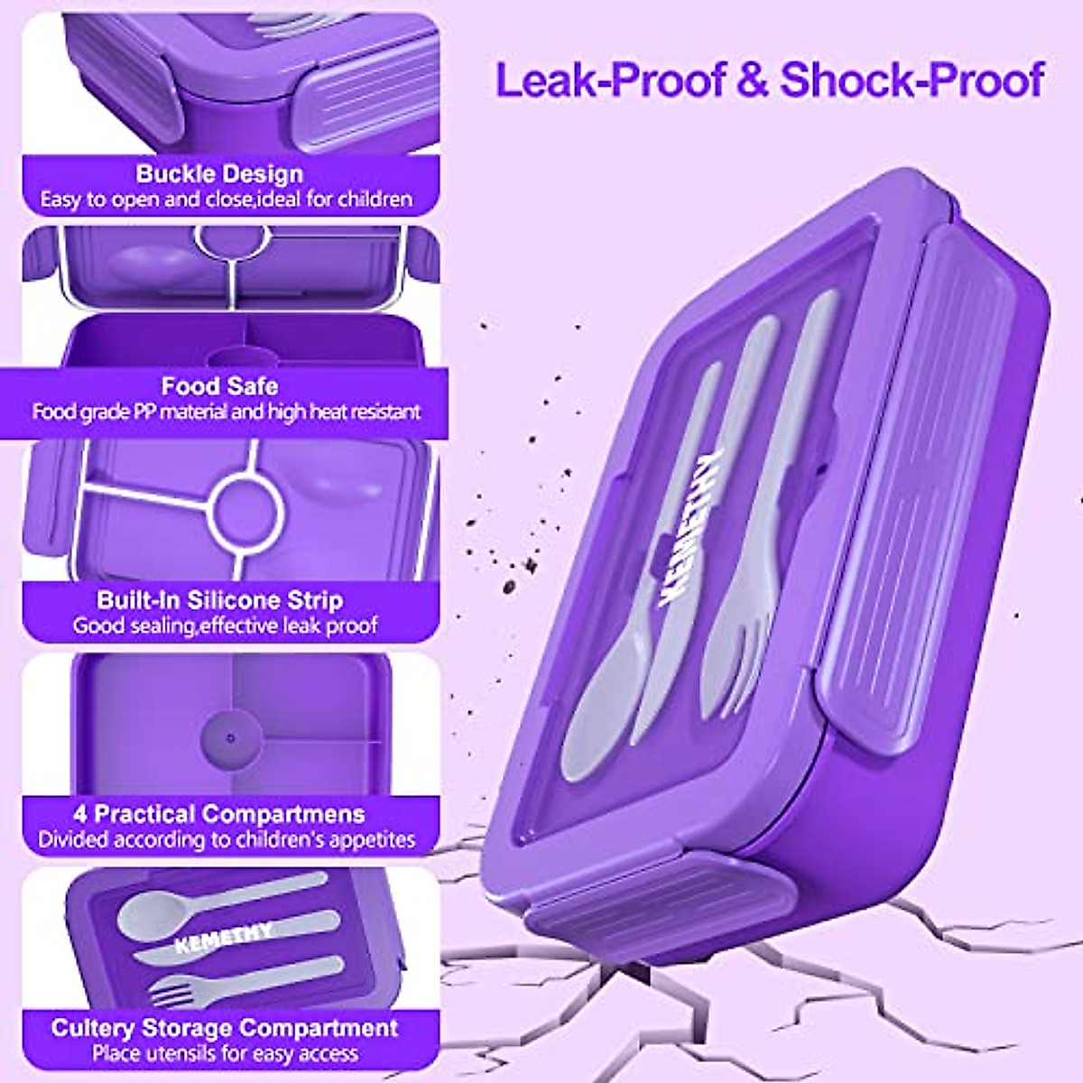KEMETHY Bento Lunch Box for Kids, Purple, 4 Compartment Leakproof Lunch Box with Built-in Utensils, Microwave/Dishwasher/Freezer Safe, BPA-Free and Reusable
