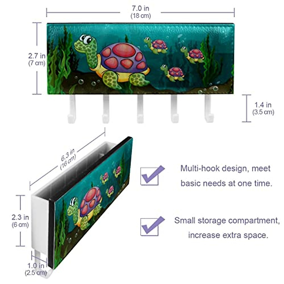 Cute Tortoise Understandturtle Babies Rack Organizer with 5 Hooks Wall Bathroom Kitchen Shelf Rack Multifunctional Storage Shelf