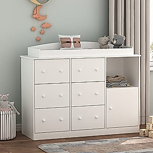 ECACAD Nursery Storage Dresser Chest with 6 Drawers & Guard Table Top, Modern Chest of Drawers with Door & 2 Cubes for Bedroom, Nursery, White (53.7”L x 18.4”W x 37.4”H)