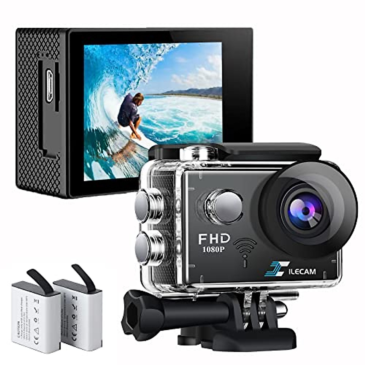 Xilecam Action Camera 1080P 30fps WiFi Action Camera HD 2.0 Inch Action Camera 40m/131ft Underwater Waterproof Snorkel Surf Camera with 2 Batteries and Multi-Function Accessory (1080P)
