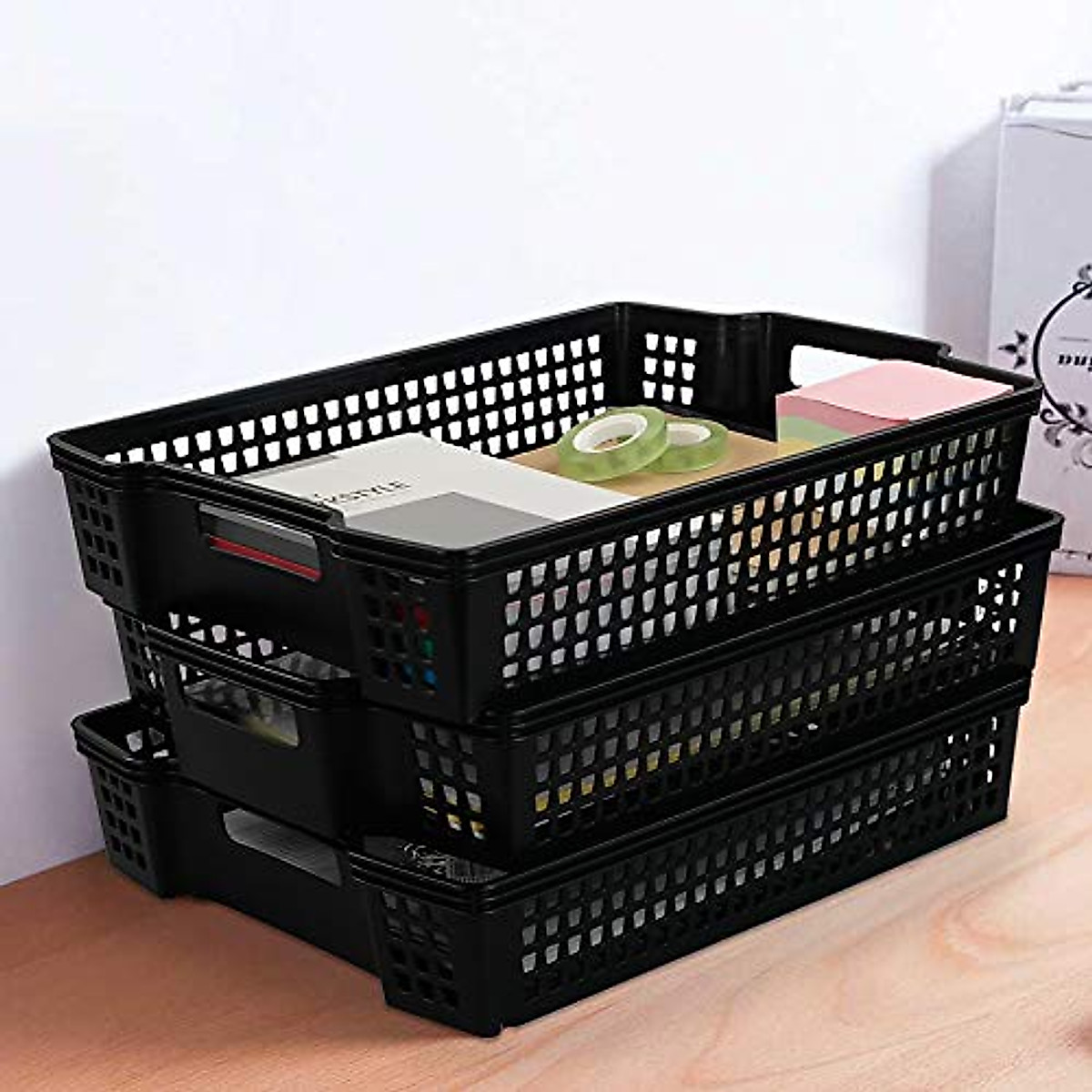 Anbers Black Plastic Storage Baskets, Stackable Office Organizer Trays, 6 Packs