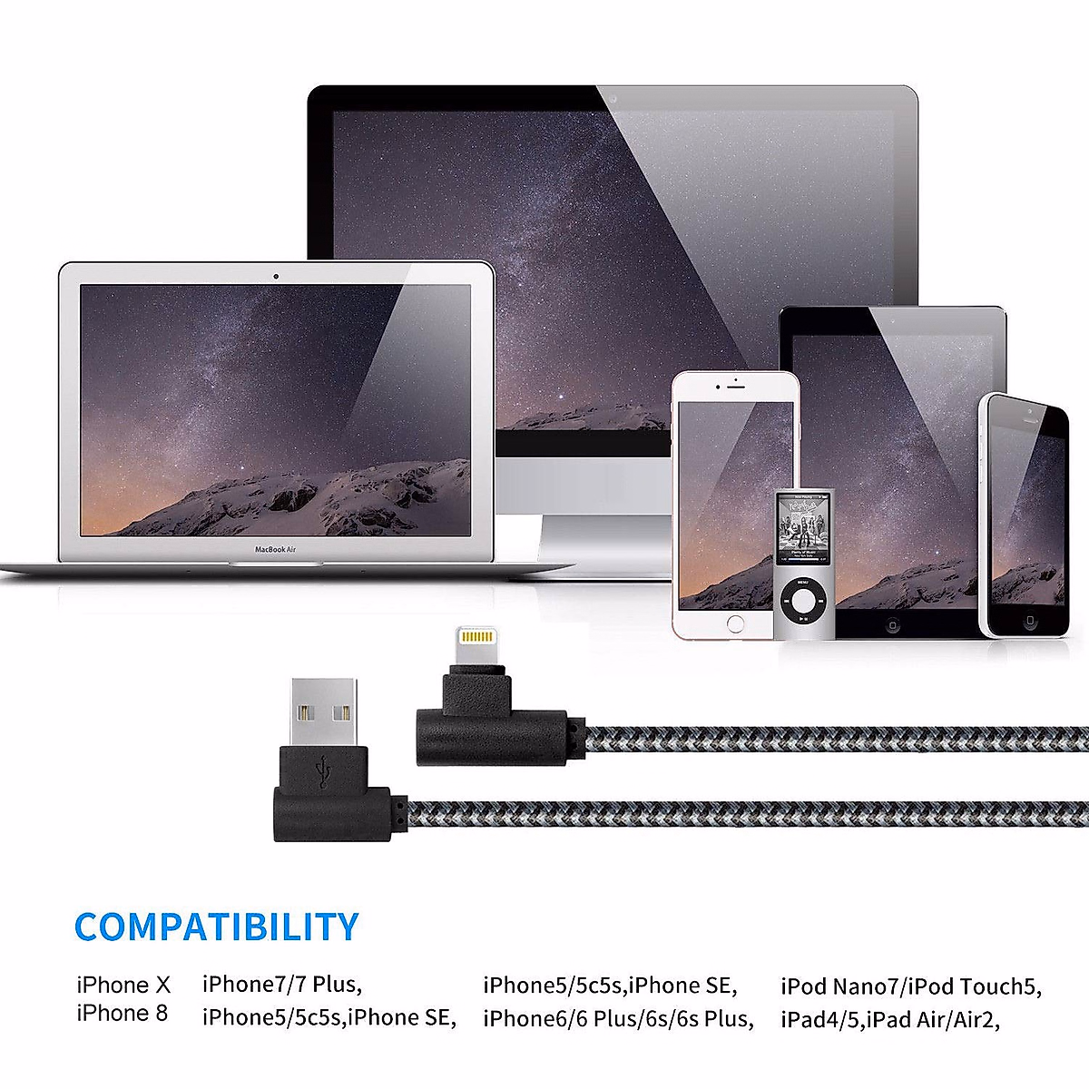 APFEN 3 Pack 10FT/3M [The Most Durable Cable] 90 Degree Charging Cable Extra Long Nylon Braided Certified Cable Compatible with iPhone 12/11/Xs Max/XS/XR/X, 8 7 6 (Black Gray, 10FT)