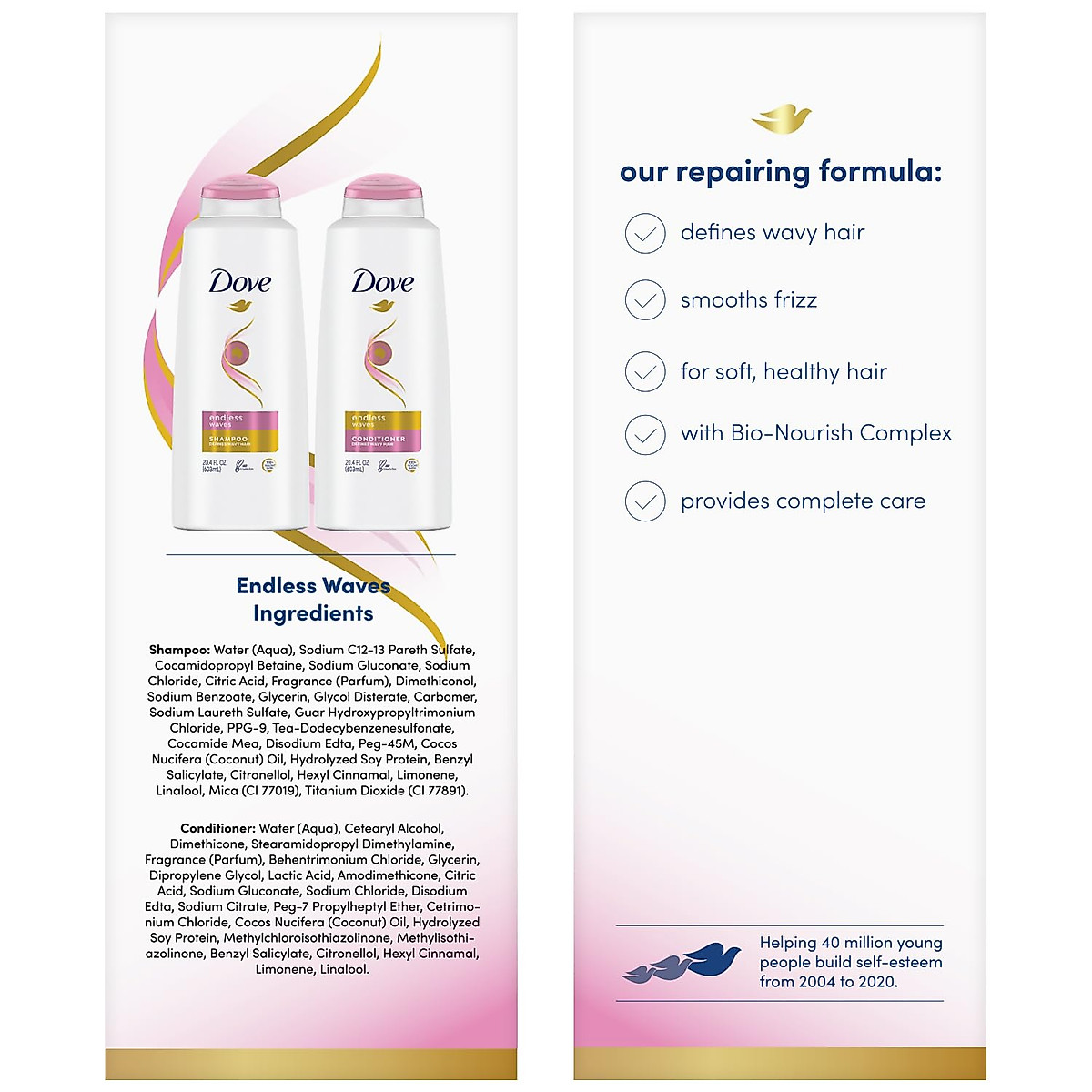 Dove Shampoo and Conditioner Set, Endless Waves – Anti-Frizz Hair Products for Wavy Hair, Curl Defining, 20.4 Oz Ea