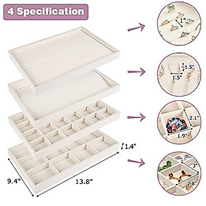 Mebbay Large Stackable Velvet Jewelry Trays Organizer, Jewelry Storage Display Trays for Drawer, Earring Necklace Bracelet Ring Organizer, Set of 4 (Warm White), 13.8" x 9.5" x 1.18"