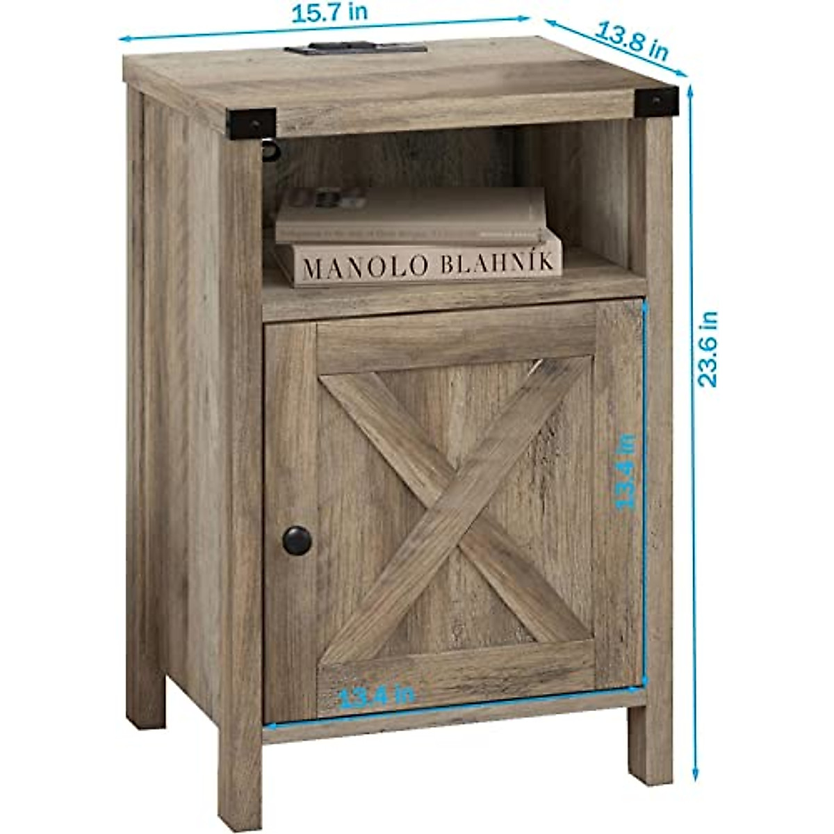 Farmhouse Nightstand Set of 2 with Charging Station,Industrial Bedside Table with Storage Living Room Bedroom Side Table End Table with Barn Door,Grey