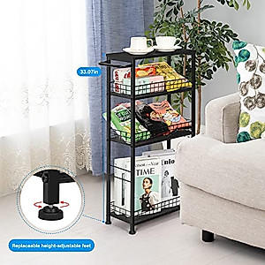 Slim Storage Cart Kitchen Rolling Utility Cart on Wheels 4 Tier Mobile Narrow Cart with Wood and Metal Handle Slide Out Storage Shelving Unit Cart for Kitchen Living Room Laundry Small Places Black