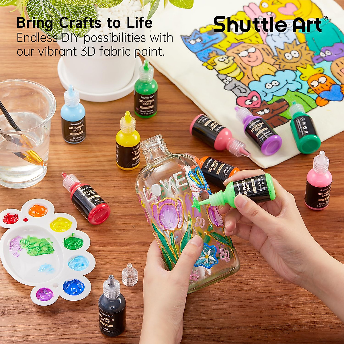 Shuttle Art Fabric Paint Set, 45 Colors 3D Permanent Paint with Brushes Palette Fabric Pen Fabric Sheet Stencils, Glow in The Dark, Glitter,Metallic Colors for Textile Fabric T-Shirt Jeans Glass